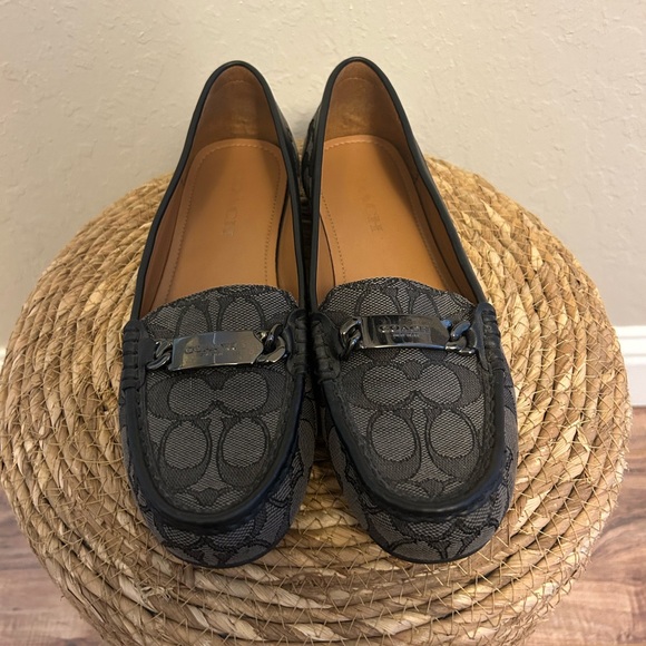 Coach | Shoes | Coach Black Gray Leather Canvas Flats With Logos Design ...